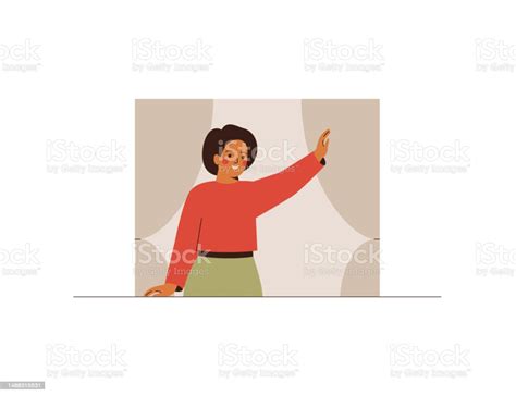 열린 창문에서 친구에게 손을 흔드는 웃는 여자 여성 캐릭터는 인사말이나 작별 인사를 한다 통신 개념입니다 벡터 그림 20 29