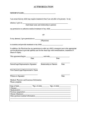 Fillable Online Authorization To Treat Minor Without Parent Form Fax Email Print PdfFiller