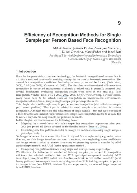 Pdf Efficiency Of Recognition Methods For Single Sample Per Person Based Face Recognition