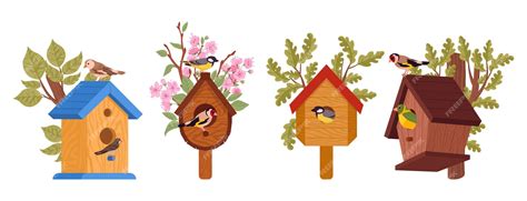 Premium Vector Wooden Bird Houses Handcrafted Spring Bird House On Tree Cartoon Birds Nests