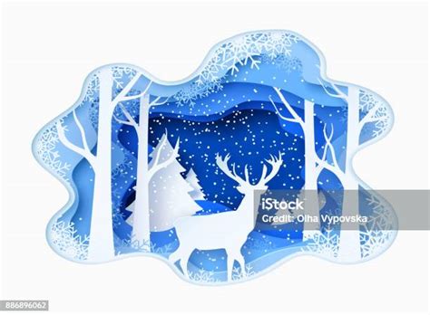 겨울 3d 추상 종이 잘라 눈과 숲에서 사슴의 그림 벡터 템플릿 겨울에 대한 스톡 벡터 아트 및 기타 이미지 겨울 계절 나무 Istock