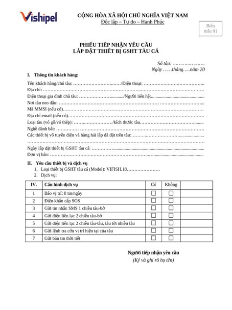 Bieu Mau 1 Phieu Tiep Nhan Yeu Cau Lắp đặt Thiết Bị Pdf