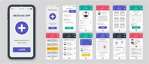Ui Ux Gui 화면 모바일 앱 응답 웹사이트용 의학 앱 평면 디자인 템플릿 세트 프리미엄 벡터
