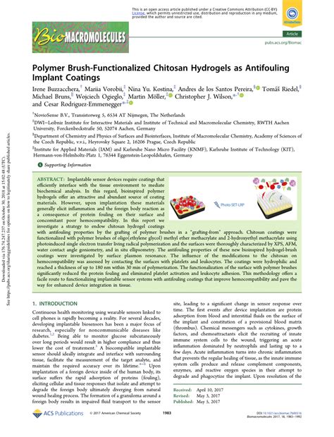 Pdf Polymer Brush Functionalized Chitosan Hydrogels As Antifouling