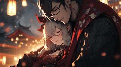 Premium Photo Anime Couple Hugging In Front Of A Lantern Lit City