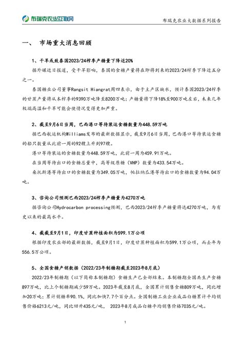 布瑞克食糖市场周度监测报告 20230908