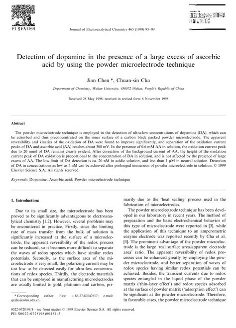 Pdf Detection Of Dopamine In The Presence Of A Large Excess Of Ascorbic Acid By Using The