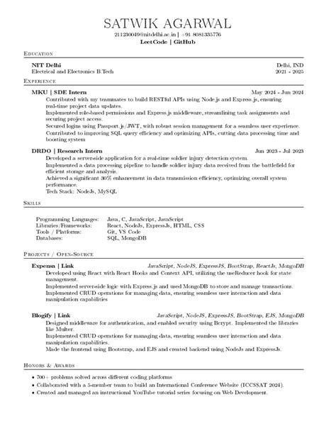 satwik s resume hackerresume pdf java script mongo db