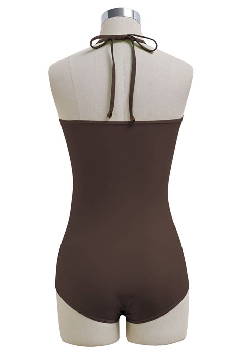 Solid Color Drawstring Halter Neck Swimsuit In Brown Retro Indie And