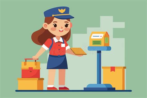 A Young Girl In A Postal Uniform Is Weighing A Package While Standing