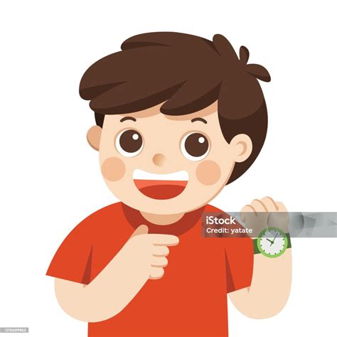손목 시계를 보여주는 행복 한 소년입니다 시간을 표시합니다 손목 시계를 가리키며 포즈를 취하고 있는 어린 소년 아이에 대한 스톡 벡터 아트 및 기타 이미지 Istock