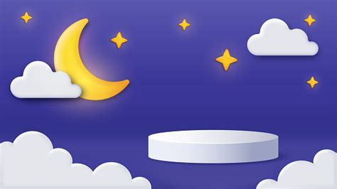 3d 야간 연단 초승달과 별 근처의 흰색 받침대와 무대 아동 상품의 제품 배치 및 홍보를 위한 장소 광고용 쇼케이스 템플릿입니다 아이소 메트릭 벡터 일러스트 레이 션 3차원