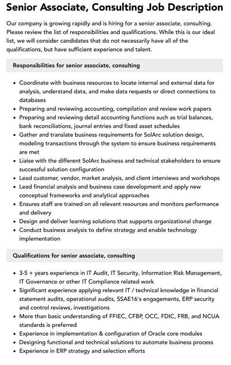 Senior Associate Consulting Job Description Velvet Jobs