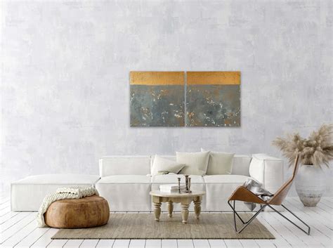 2 Teilige Abstrakte Acrylbilder Diptychon LOFT II Unikat In Gold Und