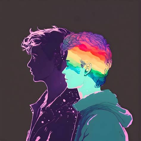 회색 배경에 Lgbt 무지개 색상의 두 사람의 실루엣 프리미엄 벡터