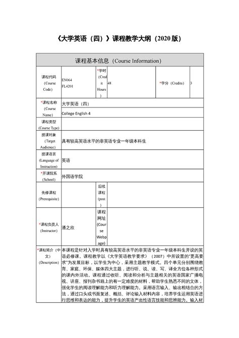 FL4201大学英语4课程教学大纲 College English 4 Course Outline 大学英语四课程
