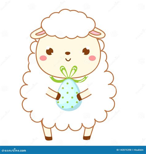 Cute Easter Sheep With Egg Cartoon Lamb Character In Kawaii Style