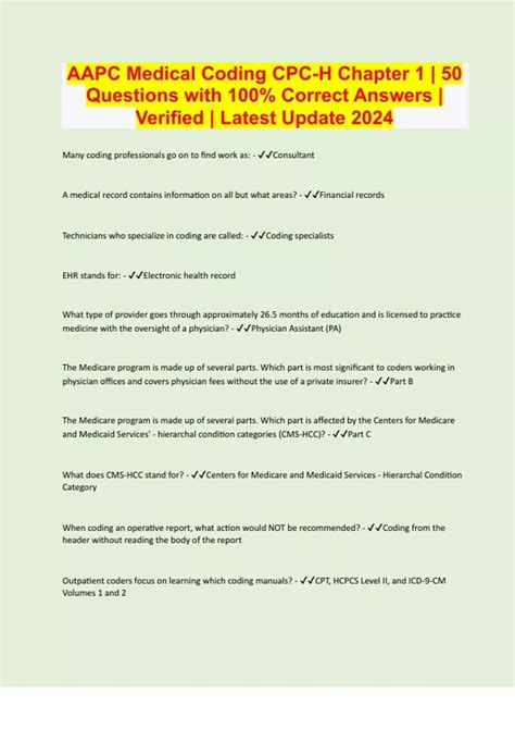 Aapc Medical Coding Cpc H Chapter 1 50 Questions With 100 Correct