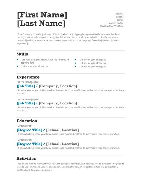 Word Template For Resume At A Glance