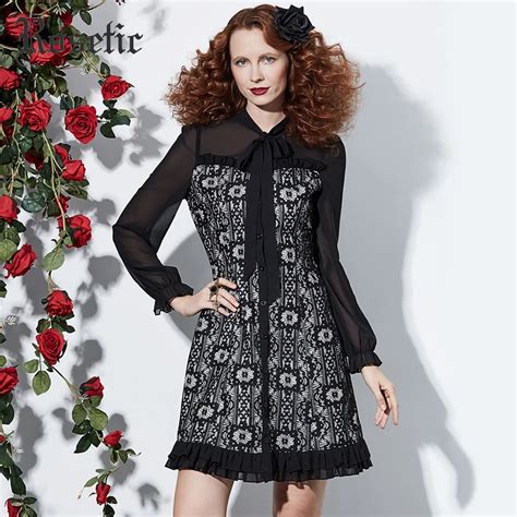 Rosetic Gothic Vintage Dress Lace Chiffon Black See Through Patchwork