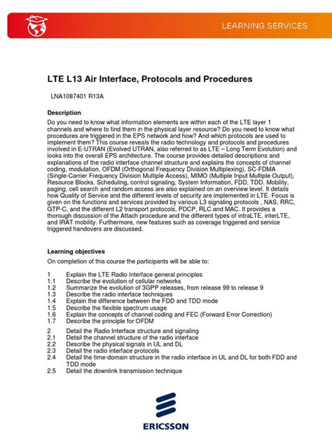 Course Description Lte L13a Air Interface And Protocols Procedures Pdf Mimo