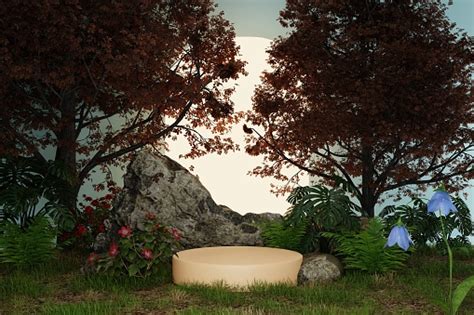자연석과 콘크리트 연단은 제품 프레젠테이션을 포장하기 위한 빈 쇼를 위한 자연 배경에 있습니다 제품의 배경 녹색 나뭇잎이 있는 장면 받침대를 조롱하십시오 3d 렌더링 0명에