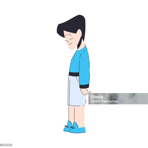 행복하다 수줍은 소년 서 있는 와 머리를 아래로 벡터 일러스트 감정에 대한 스톡 벡터 아트 및 기타 이미지 감정 귀여운 긍정적인 감정 표현 Istock