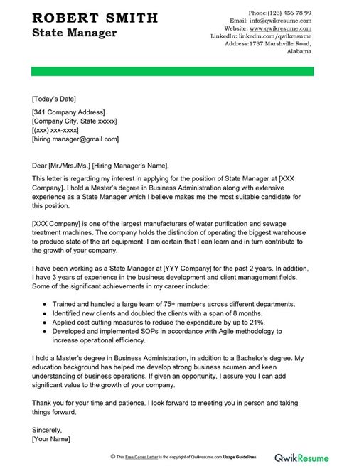 State Manager Cover Letter Examples Qwikresume