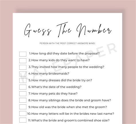 Guess The Number Bridal Shower Game Bachelorette Party Games Wedding