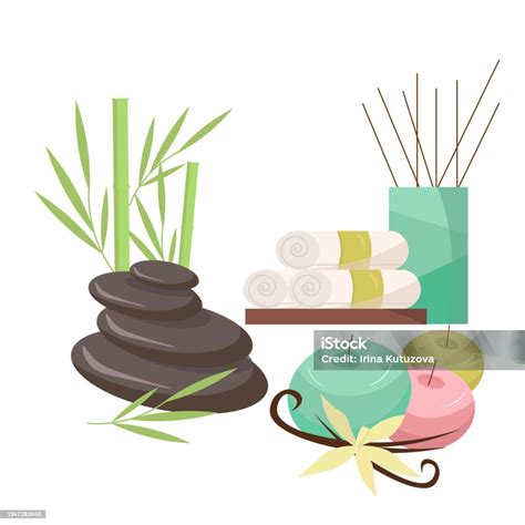 돌 향기로운 양초 바닐라 대나무 수건 등 스파 트리트먼트와 휴식의 수단 0명에 대한 스톡 벡터 아트 및 기타 이미지 0명 개념 건강관리와 의술 Istock
