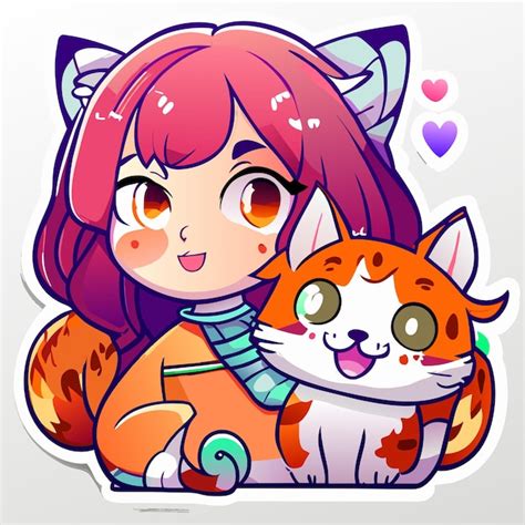 Premium Vector Cute Girl And Cat Kawaii Hand Drawn Cartoon Sticker