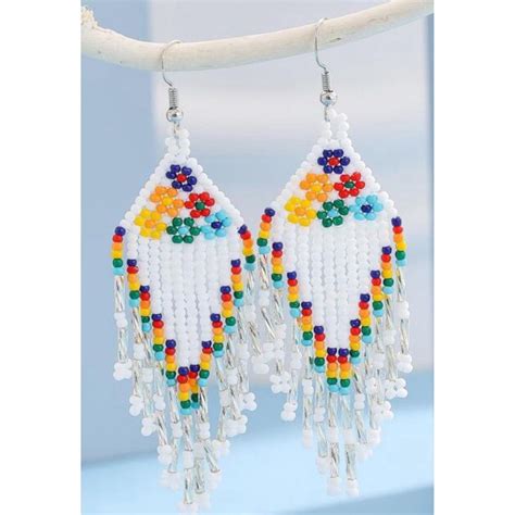 White Beaded Tassel Drop Earrings Tassel Drop Earrings Seed Bead Jewelry Patterns Diy Seed