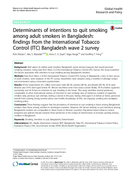 Pdf Determinants Of Intentions To Quit Smoking Among Adult Smokers In Bangladesh Findings