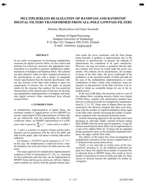 Pdf Multiplierless Realization Of Bandpass And Bandstop Digital