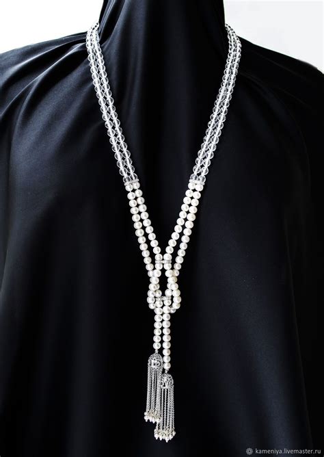 Колье сотуар с кисточкой из жемчуга хрусталя серебра 925 Мистерия в интернет магазине на