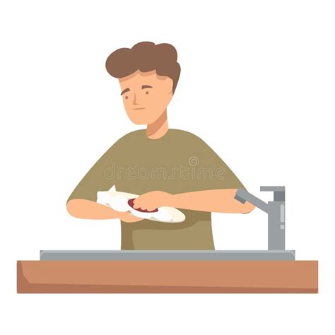 Young Man Washing Dishes In The Kitchen Sink Stock Vector