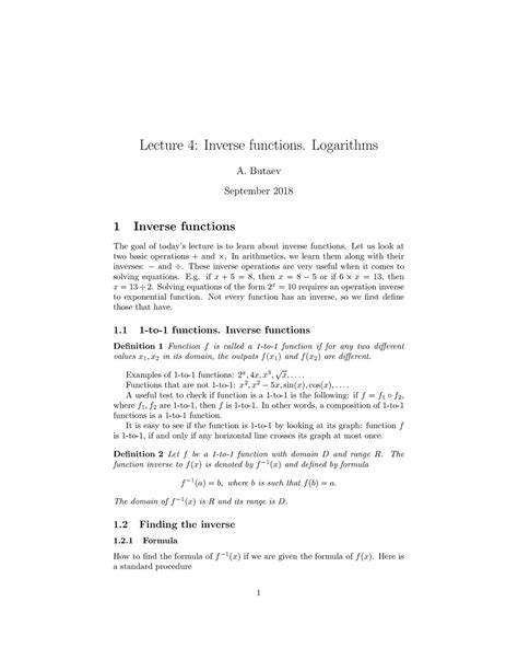 lecture 4 notes inverse functions and logarithms lecture 4 inverse
