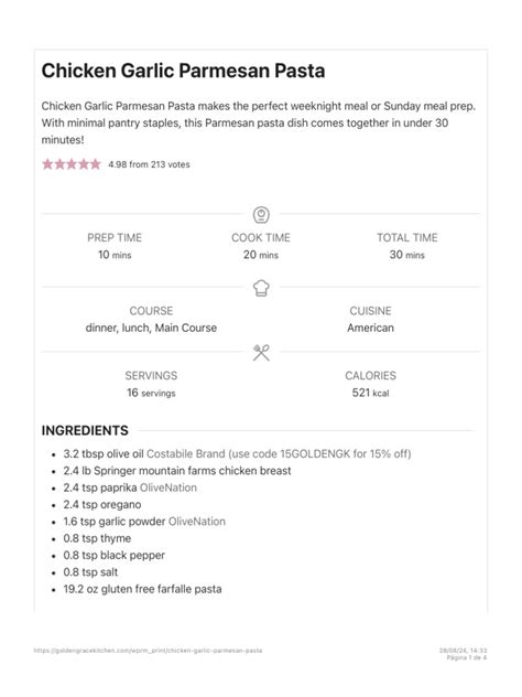 Chicken Garlic Parmesan Pasta Golden Grace Kitchen Pdf
