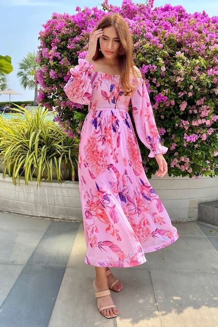 Buy Pink Georgette Print Bella Staci Accordion Pleated Midi Dress For
