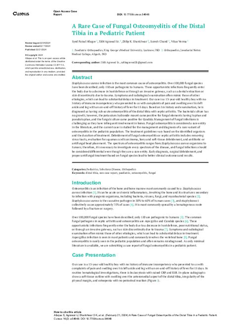 Pdf A Rare Case Of Fungal Osteomyelitis Of The Distal Tibia In A Pediatric Patient
