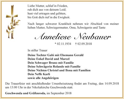 Traueranzeigen Von Anneliese Neubauer Trauer In Thueringende