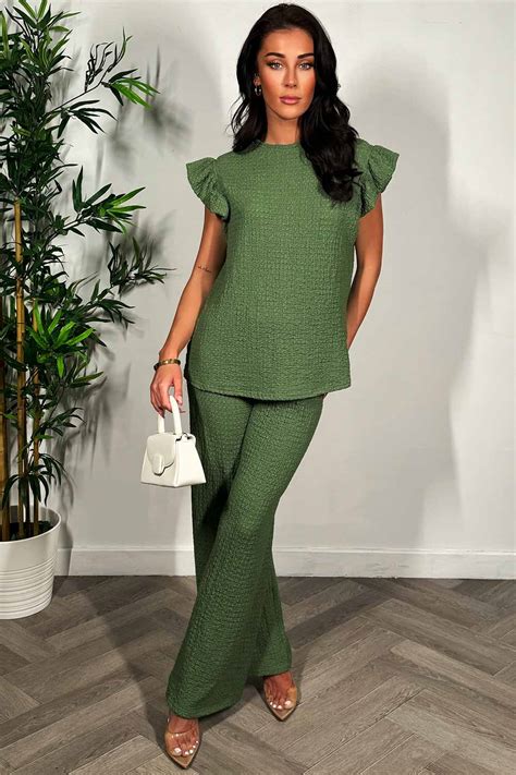 Womens Frill Sleeve Top Wide Leg Trouser Two Piece Set Summer Outfit