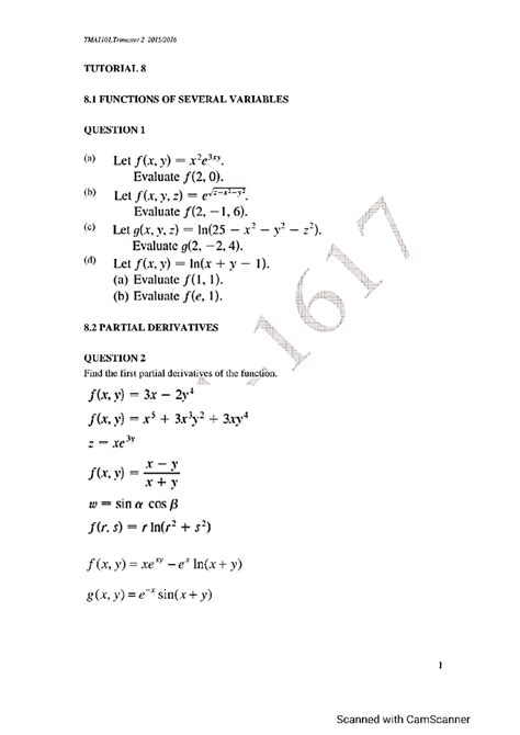 Tma1101 Tutorial 08 Partial Derivatives Calculus Studocu