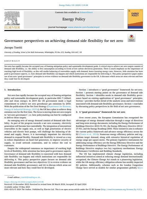 Governance Perspectives On Achieving Demand Side Flexibility For Net Zero Energy Demand