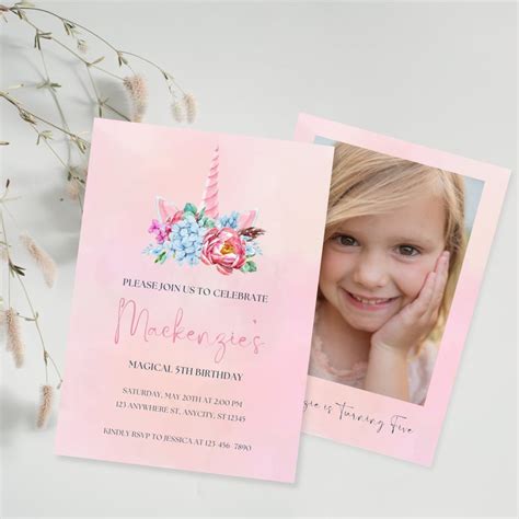 Unicorn Birthday Invitation Pink Unicorn Party Invite Floral Unicorn