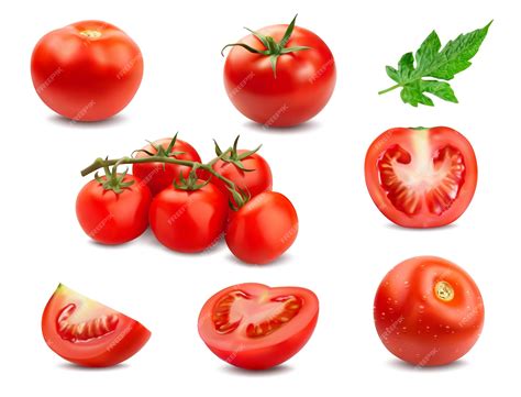 현실적인 익은 생 토마토 반과 슬라이스 3d 세트 프리미엄 벡터