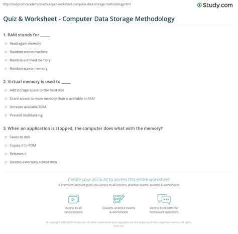Quiz And Worksheet Computer Data Storage Methodology