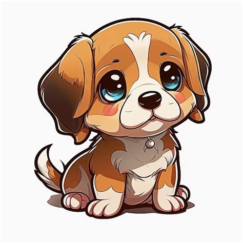 Un chien de dessin animé aux yeux bleus est assis sur un fond blanc