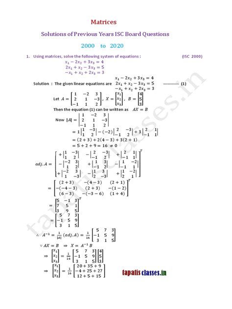 Matrices Previous Years Board Questions 2000 To 2020 With Solutions Of Isc Class 12 Maths Pdf