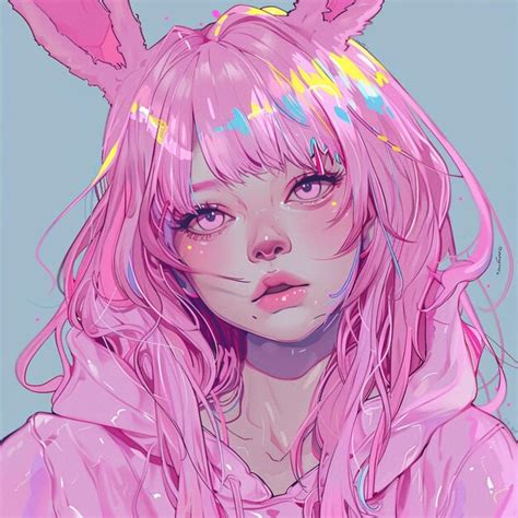 Anime Girl With Pink Hair And Bunny Ears In A Pink Hoodie Generative Ai